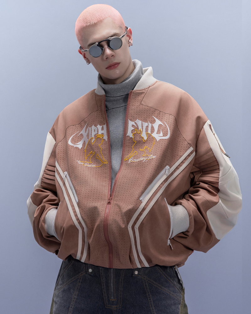 XIPHEVIL Cyberpunk Outfits Embroidered Suede Cropped Jacket – Techwear ...