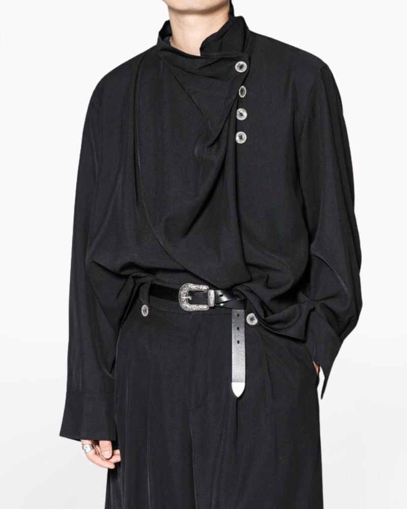 Modern Japanese Half-Stand Draped Collar Long-Sleeve Shirt – Techwear ...