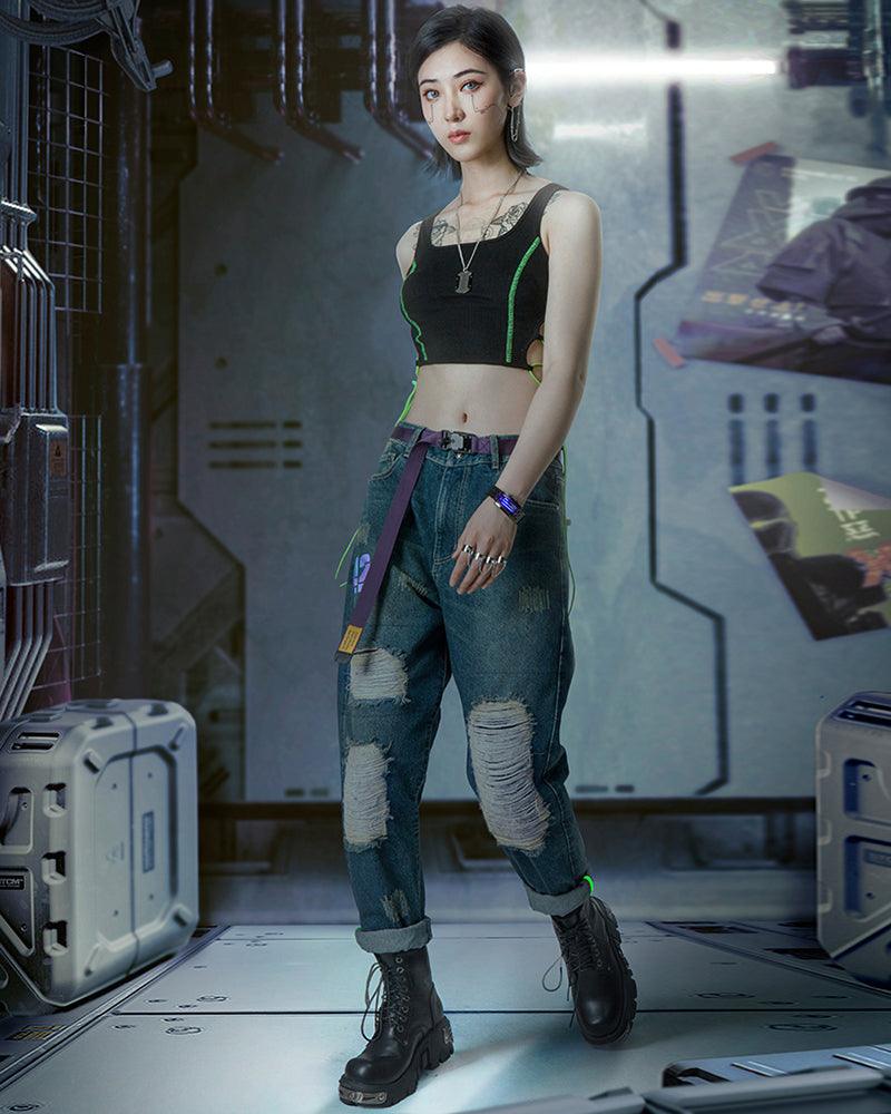 XIPHEVIL Cyberpunk Laser Destroyed Unisex Y2K Jeans – Techwear Official