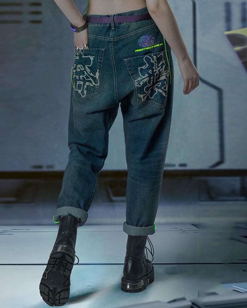 XIPHEVIL Cyberpunk Laser Destroyed Unisex Y2K Jeans – Techwear Official
