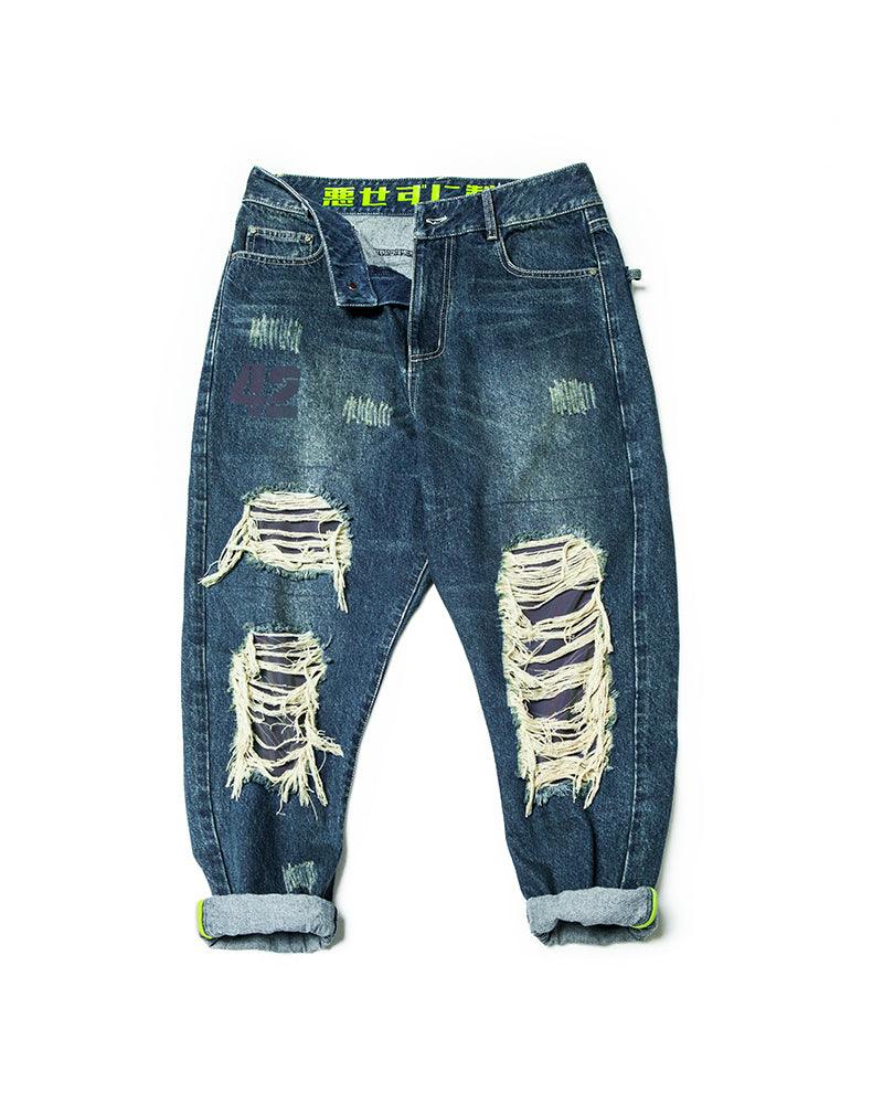 XIPHEVIL Cyberpunk Laser Destroyed Unisex Y2K Jeans – Techwear Official