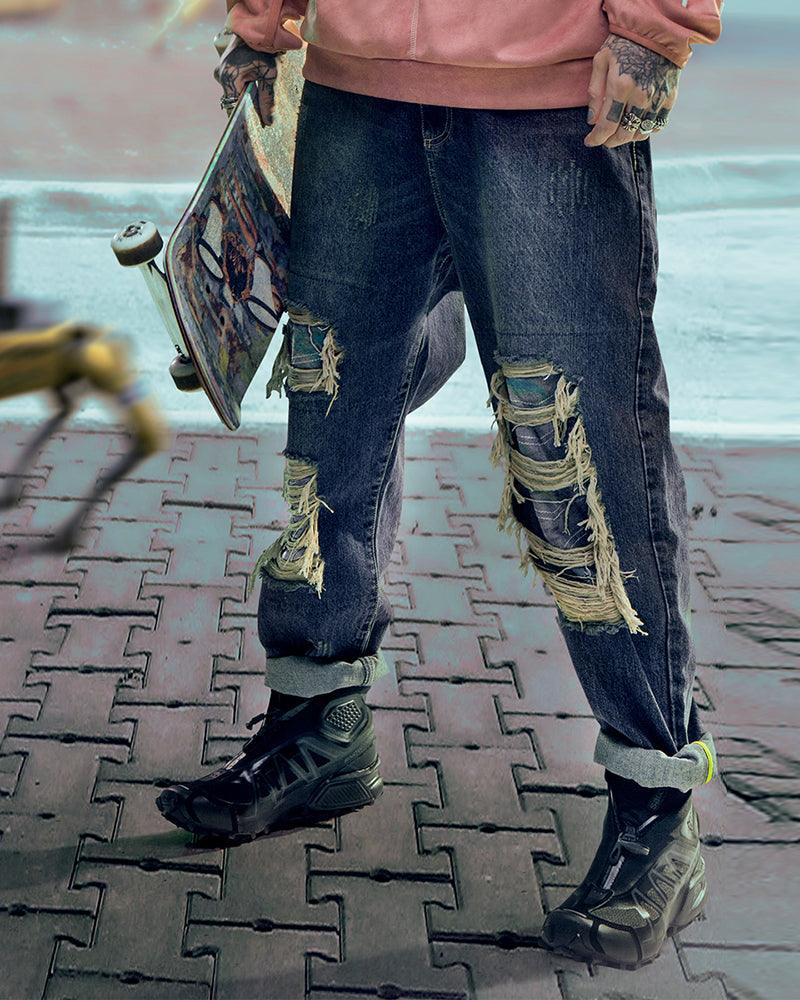 XIPHEVIL Cyberpunk Laser Destroyed Unisex Y2K Jeans – Techwear Official