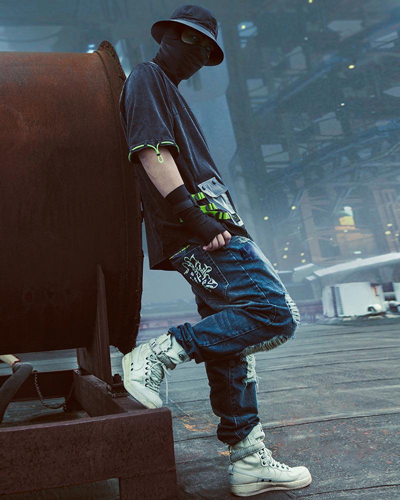 XIPHEVIL Cyberpunk Laser Destroyed Unisex Y2K Jeans – Techwear Official