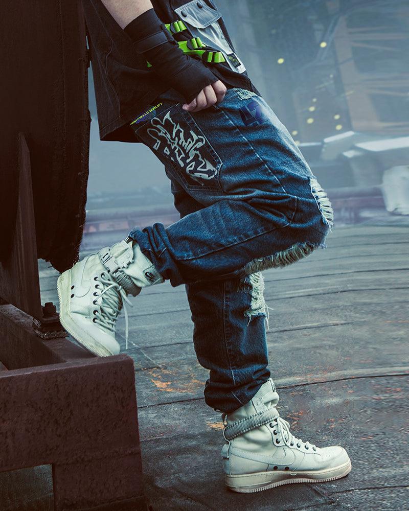 XIPHEVIL Cyberpunk Laser Destroyed Unisex Y2K Jeans – Techwear Official