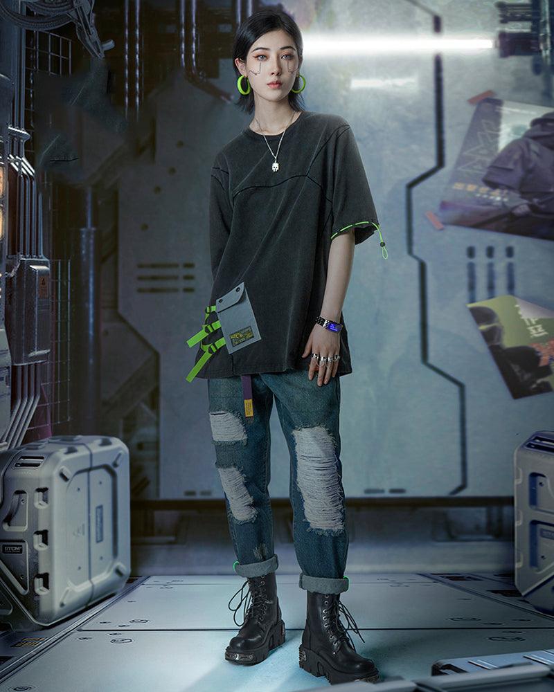 XIPHEVIL Cyberpunk Laser Destroyed Unisex Y2K Jeans – Techwear Official